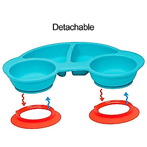 Silicone Divided Toddler Plates - Portable Non Slip Suction Feeding Plates for Children Babies and Kids BPA Free Baby Dinner Plate (Car-Blue)