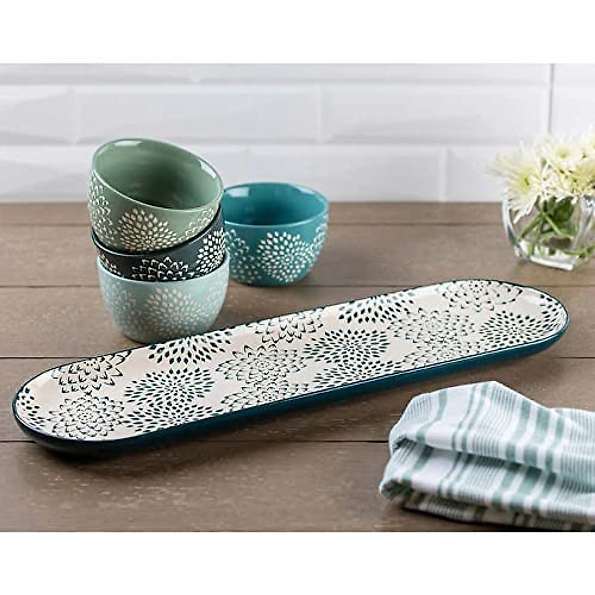 BAUM Mums Ceramic Serve 5-piece Serve Set (1) Tray & (4) Bowls Blue Floral Appetizer Serving Bowls Set, White