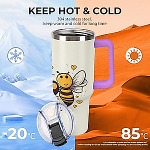 FHENMSA 40 Oz Insulated Coffee Mug Tumbler with Handle,Bee Love Honey Print Insulated Tumbler,Stainless Steel Travel Mug with Lid And Straw
