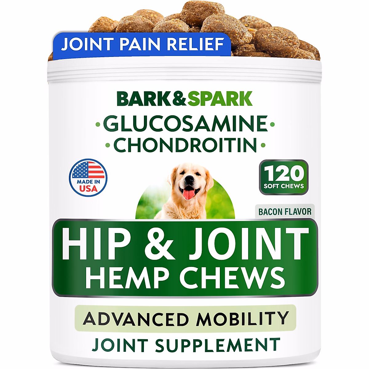 Bark&Spark Advanced Hemp Chews for Dog Joint Pain Relief - Glucosamine Chondroitin Hemp Treats Hip Joint Health - Joint Supplement Large Breed & Small - Hemp Treats Joints Old Senior Dog (120Ct/Bacon)
