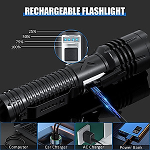 Zavuxo Rechargeable LED Flashlights high lumens,100000 Lumens Super Bright Tactical Flashlights,Waterproof Handheld Flashlight with 5 Mode,Built-in Battery,Zoomable for Emergencies Camping