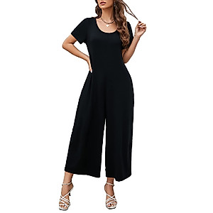 Qnasey Women's Summer Short Sleeve Loose Crewneck Jumpsuit Rompers Wide Long Pant Loungewear with Pockets Samll Black