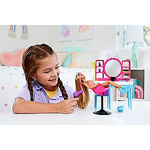 Barbie Doll and Hair Salon Playset with 15 Styling Accessories and Furniture, Long Color-Change Hair and Printed Dress
