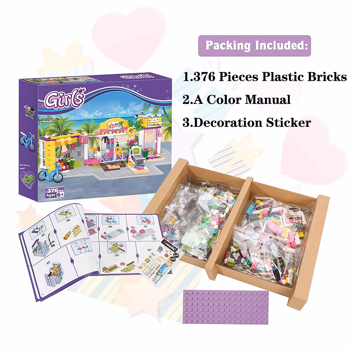BRICK STORY Girls Friends Supermarket Building Set 376 PCS, Seaside Grocery Store Flower Shop Building Kit, Beach Shopping Mall Toy Educational Building Blocks Gift for Kids Ages 6-12