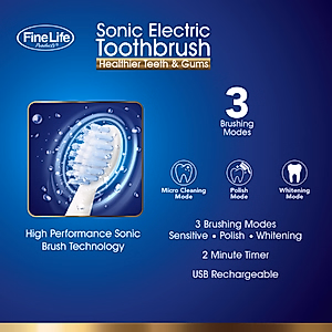 FineLife Products 3 Modes Sonic Power Electric Toothbrush for Healthier Teeth and Gums - USB Rechargeable - 19000 Rotation Per Minute with 4 Bonus Brush Heads, Oral Care Whitening - White