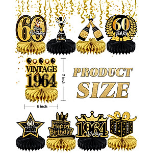 9 Pcs 60th Birthday Decoration for Men Women 60th Birthday Centerpieces for Tables Cheers to 60 Years Birthday Honeycomb Decor 1964 Birthday Table Topper Black and Gold 60th Birthday Party Favors