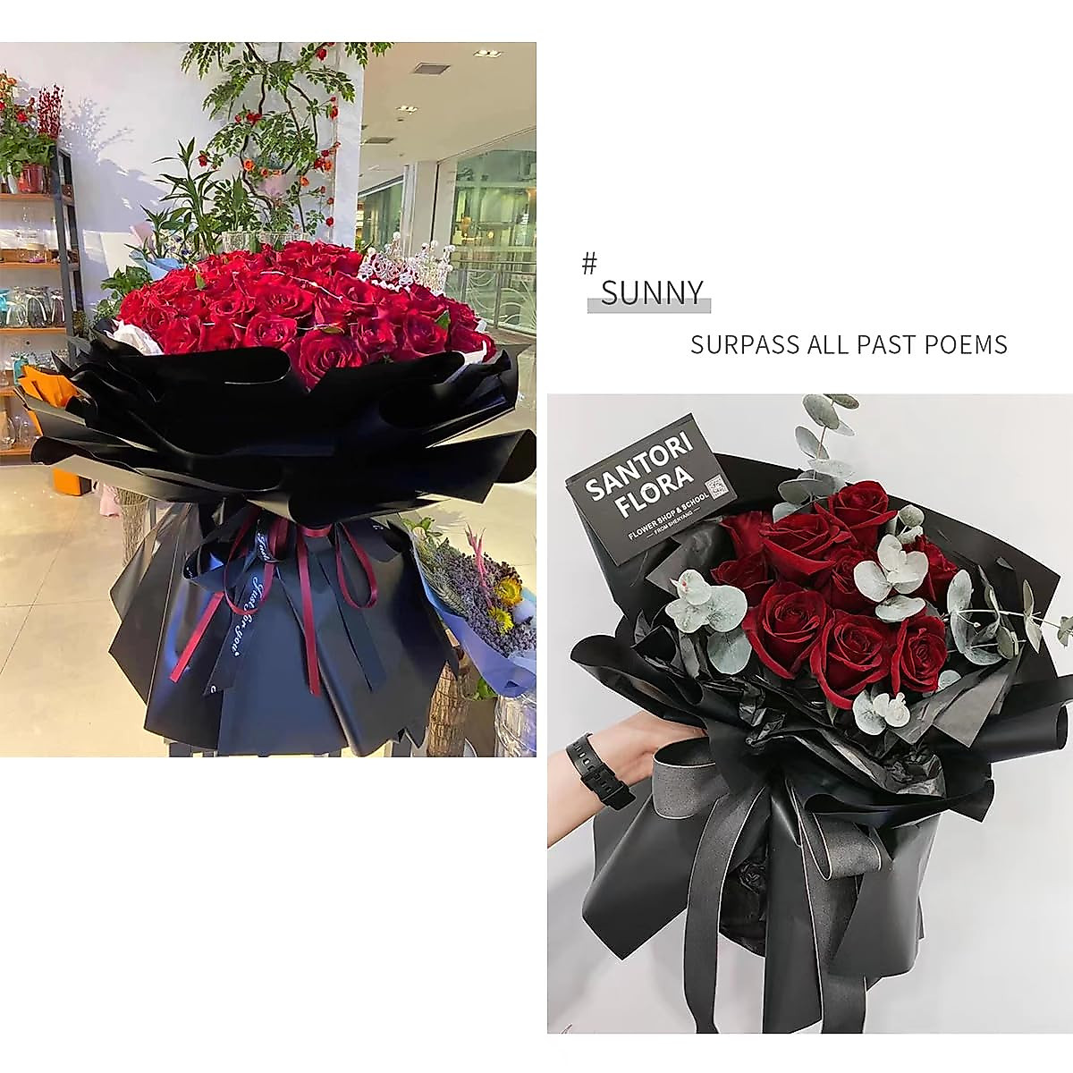 EMITAOHWF 20 Sheets Black Flower Bouquet Wrapping Paper, Waterproof Korean Wrapping Paper for Flowers Bouquet, Florist Supplies Flower Paper Wrap for DIY Graduation/Wedding/Birthday/Christmas/Gift Rose Bouquets