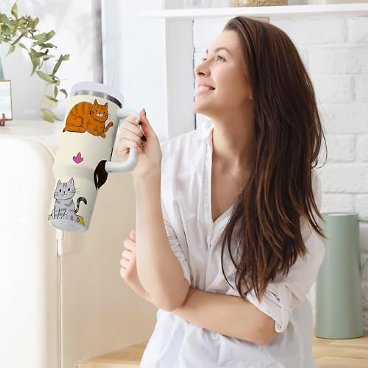 Nexawaveo Cats Doing Different Yoga Poses Beige Tumbler with Handle and Straw 30-40 oz Lid Cup Holder Compatible for Travel Insulated Stainless Steel Cup Food Grade PP Gifts for Him Her BPA-free