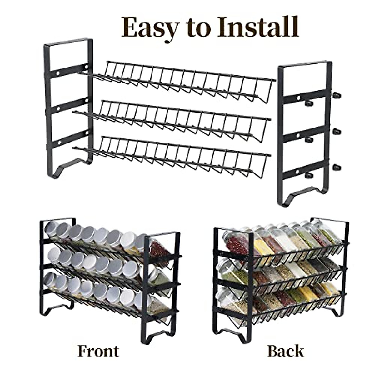 H-SPACE Spice Rack Organizer for Cabinets, 3 Tier Spice Rack Organizer, Removable Countertop Spice Rack, Freestanding Spice Jar Organizer for Kitchen Counter (Black)