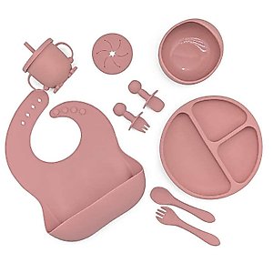 10 Item Set Pink Baby Feeding Starter Set Silicon ecofriendly baby led weaning supplies Baby Suction Bowls, Divided Plates, Straw Sippy Cup, Toddler Feeding Utensils with Bibs, baby spoon, baby plates
