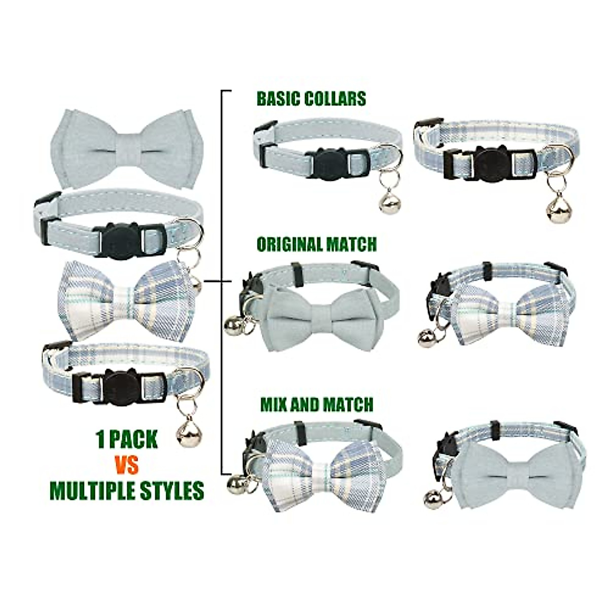 Gyapet Cat Collar Breakaway Bowtie Safety with Bell Adjustbale Kitten Puppy Solid Plaid Color Set D-[2pcs] Blue