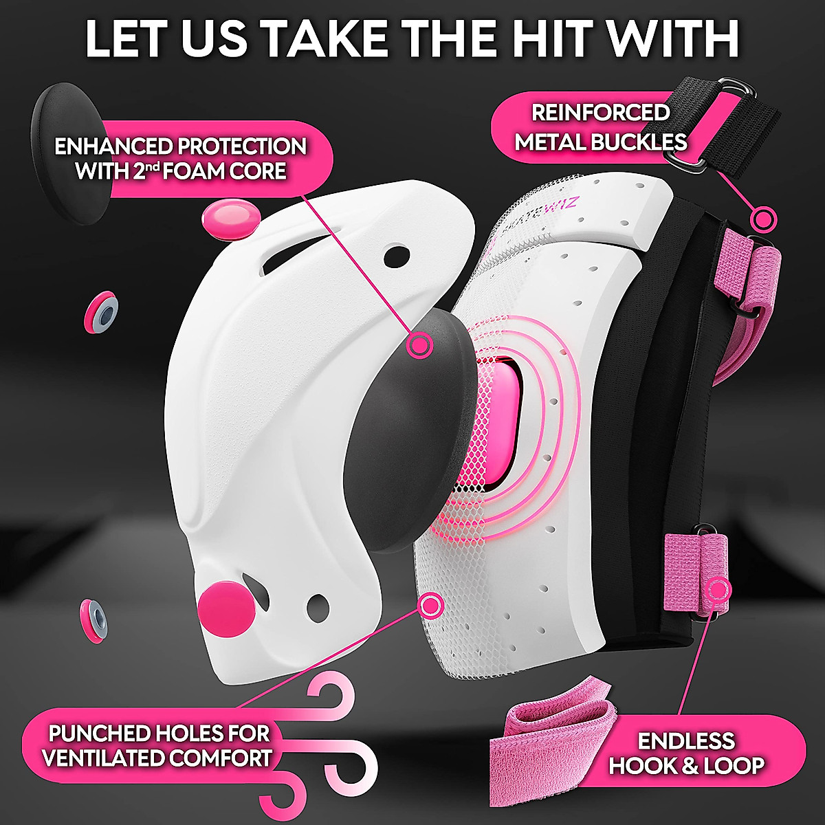 SKATEWIZ Elbow Pads Knee Pads for Women - inline skates for women - PROTECT-1 - Size L in Pink White - roller skates womenWrist Guards for Roller Skating Pads Ice skates for women