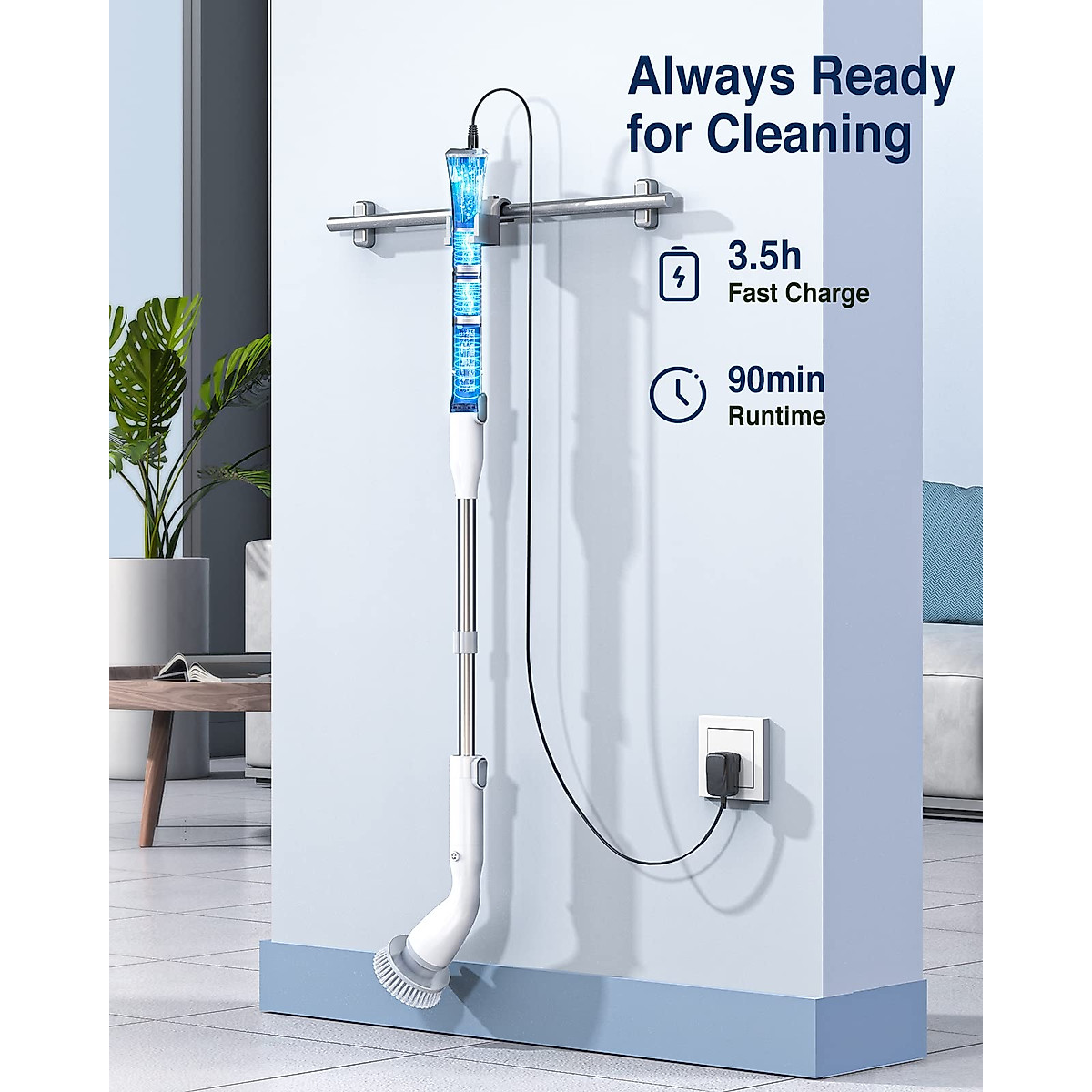 LABIGO Electric Spin Scrubber LA1 Pro, Cordless Spin Scrubber with 4 Replaceable Brush Heads and Adjustable Extension Handle, Power Cleaning Brush for Bathroom Floor Tile (White)