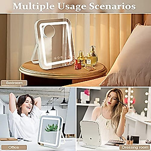 Sucedey Makeup Mirror with Lights, 12"x10" Lighted Vanity Mirror, 3 Color Modes & Adjustable Brightness, Detachable 10x Magnification, 360°Rotation (White)