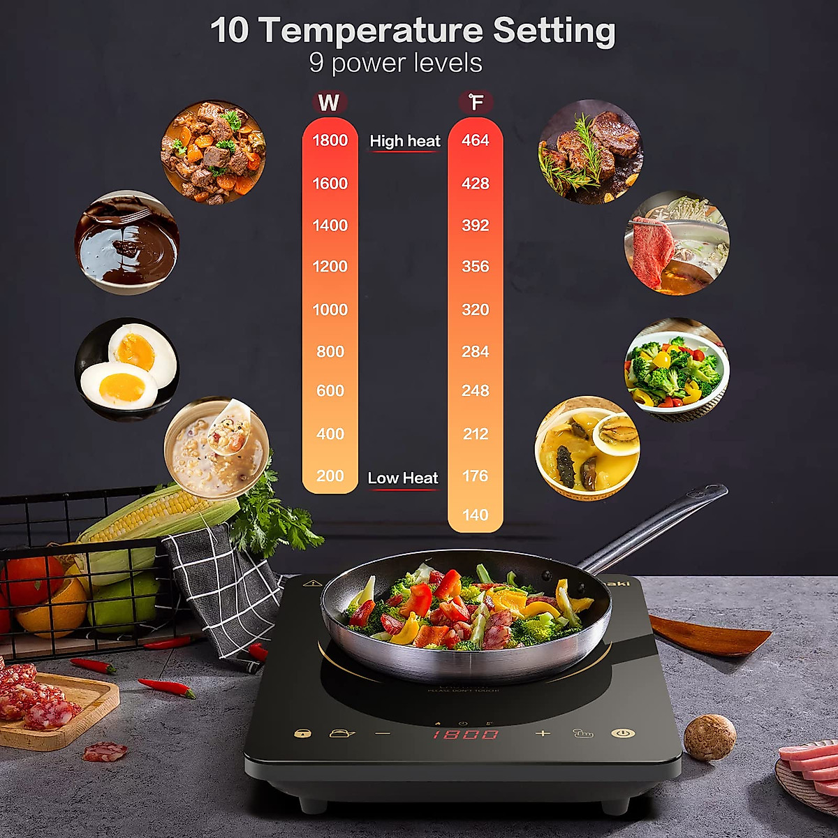 Sunmaki Induction Cooktop,induction hot plate with LED Display,1800W Countertop Burner Portable Black Crystal Glass Surface 10 Temperature 9 Power Setting&3h Timer for Cooking 1