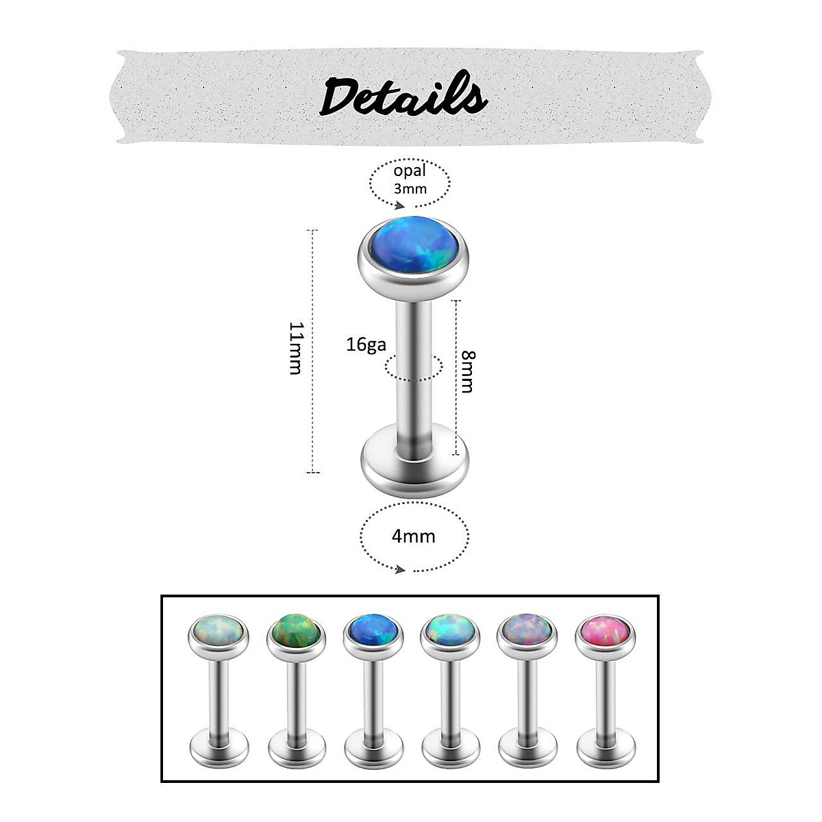 Jovivi 12pcs 16G Stainless Steel Created-Opal Monroe Labret Rings Lip Stud Tragus Cartilage Piercing Jewelry 8mm for Men Women