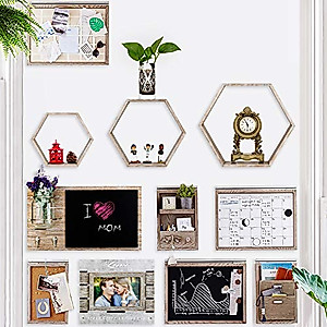 RR ROUND RICH DESIGN Wall Shelf Set of 6 - Rustic Wood 3 Hexagon Boxes and 3 Small Shelves Carbonized