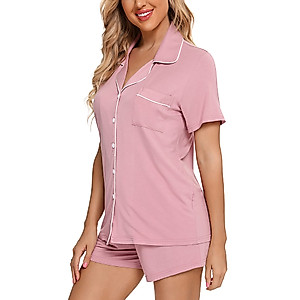 FERDAT Pj Sets Women's Pajamas Button Up Sleepwear 2 Piece Soft Lounge Shorts Pink M