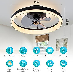 Sunny Hawaii Modern Ceiling Fans with Lights and Remote, 19.7in Dimmable LED 6 Speeds Reversible Blades Timing Indoor Low Profile Ceiling Fan Semi Flush Mount with Remote Control(black)