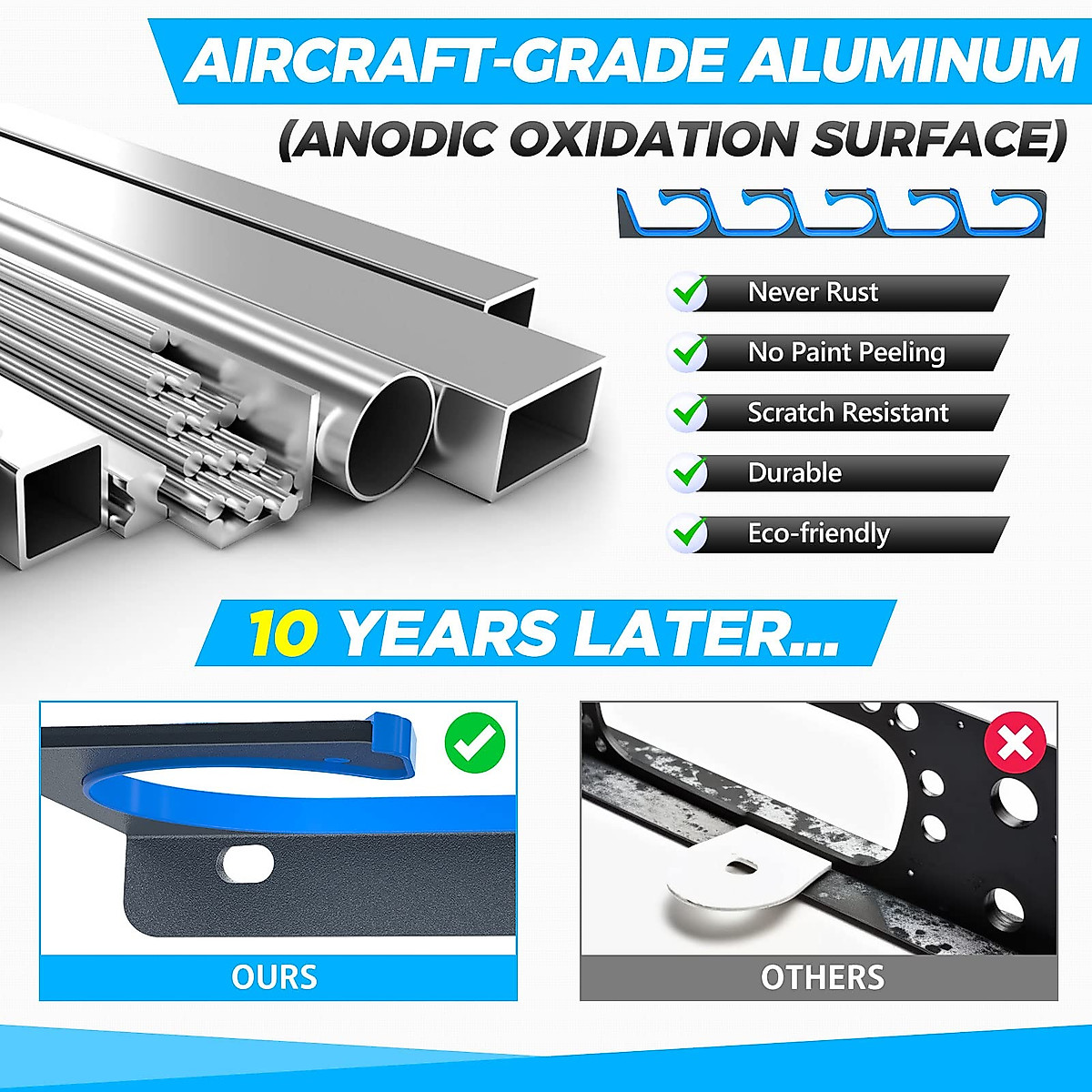 PLUSINNO H5 Horizontal Fishing Rod/Pole Holders for Garage, Wall or Ceiling Mounted Fishing Rod Rack, Aviation Aluminum Fishing Pole Holder Holds up to 5 Rod or Combos or Nets Storage Racks