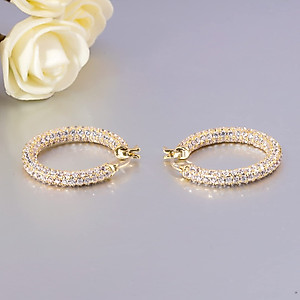 CiNily Hoop Earrings for Women, 925 Sterling Silver Earrings Hypoallergenic 14K Gold Plated Lightweight White Cubic Zirconia Chunky Open Hoops Jewelry 1.2"