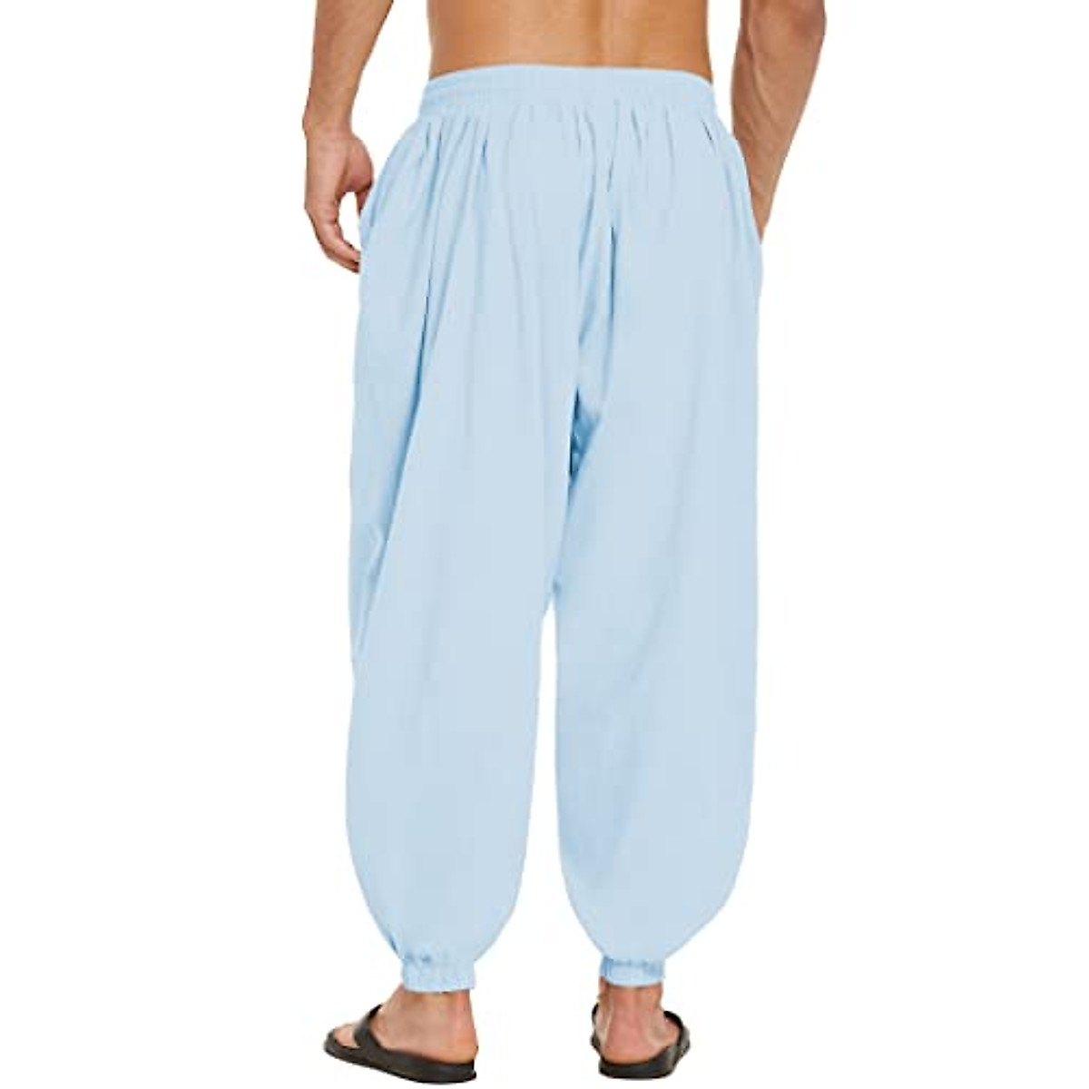 COOFANDY Men's Cotton Linen Pants Wide Leg Pants Baggy Harem Pants Beach Trousers Sky Blue
