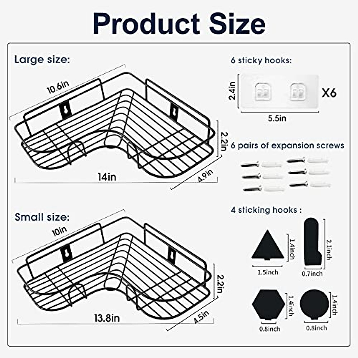 Huryfox Corner Shower Caddy Bathroom Organizer Shower Shelf with Hooks, Adhesive Shower Shelves, Wall Mounted Shampoo Holder, 2 Pack Shower Racks for Inside Shower, Black