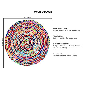 FRELISH DECOR Round Rug Area Rug, Jute & Cotton Multi Chindi Braid Rug, Hand Woven & Reversible- Handwoven from Multi-Color Vibrant Fabric Rugs Bohemian Colorful Rug (6 feet)