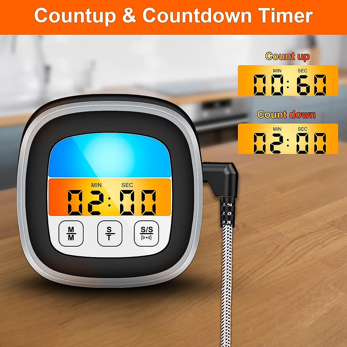 Instant Read Meat Thermometer Digital Thermometer, Professional Kitchen Cooking Thermometer for Grilling, Food Thermometer with Alarm Touch Screen IPX7 Waterproof Probe, Food Grade Material, 1 Pack