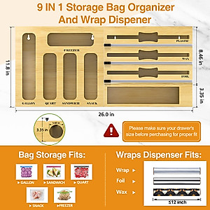 HOSTENU Storage Bag Organizer for Kitchen Drawer, 9 in 1 Foil and Plastic Wrap Dispenser with Cutter, Bamboo Plastic Baggie Organizer for Gallon, Quart, Sandwich, Snack & 12"" Rolls, Orange