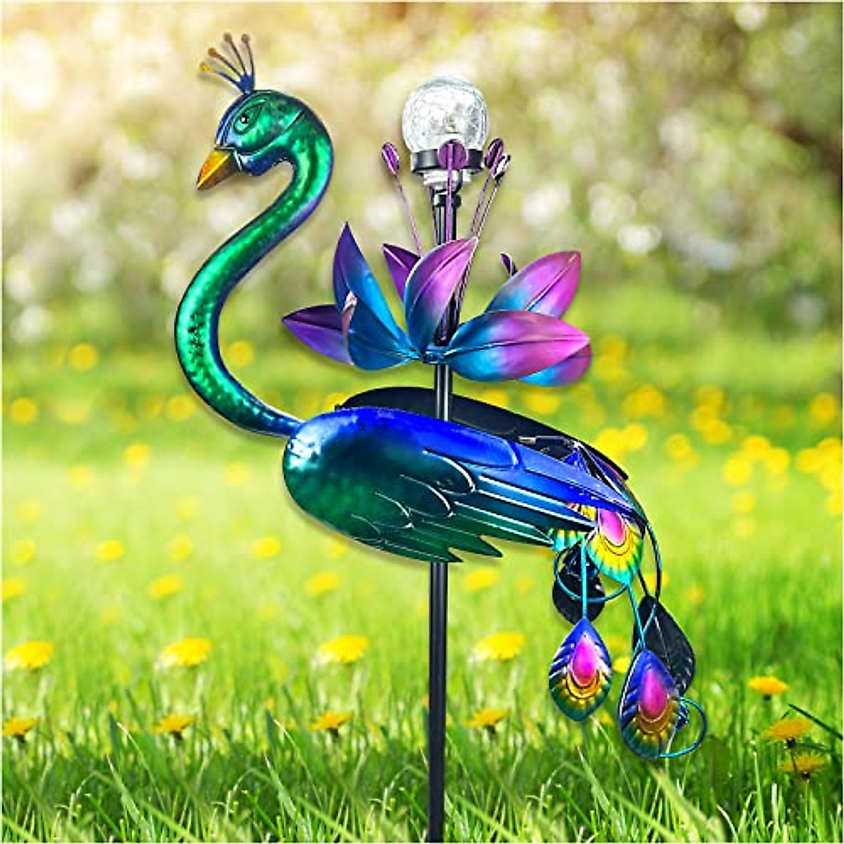 Solar Peacock Wind Spinner, Flower Wind Spinners, Peacock Statue Metal Kinetic Wind Sculpture for Outdoor Yard Patio Garden Decorations-47inch