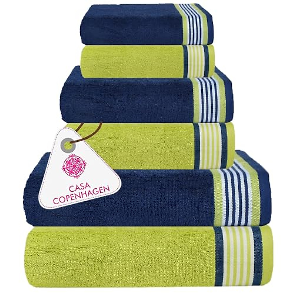 CASA COPENHAGEN He & She 6 Pieces Towel Set- California Blue + Green, 550 GSM 2 Bath Towel 2 Hand Towel 2 Washcloth, Designed in Denmark Made of Soft Egyptian Cotton for Bathroom, Kitchen & Shower