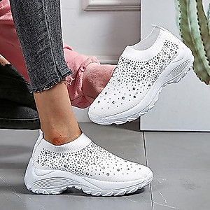 Tokouk Women's Rhinestones Glitter Knitted Mesh Orthopedic Sock Sneakers,Comfortable Breathable Slip On Arch Support Walking Shoes Ultra-Light Non-Slip Loafers. (Pink,8)