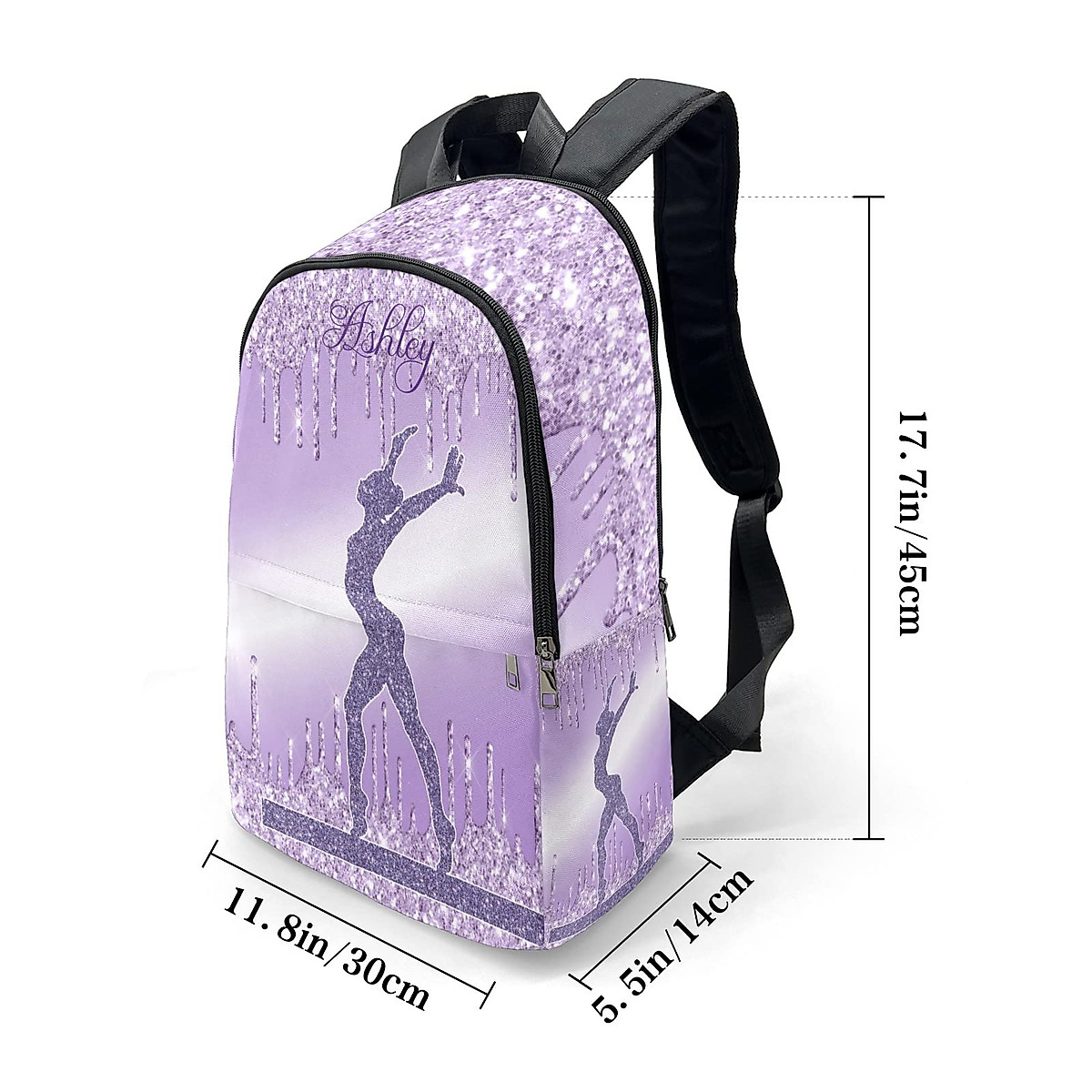 Personalized Name Violet Purple Glitter Print Girls Gymnastics Backpack Unisex Bookbag for Boy Girl Travel Daypack Bag Purse 17.7 IN