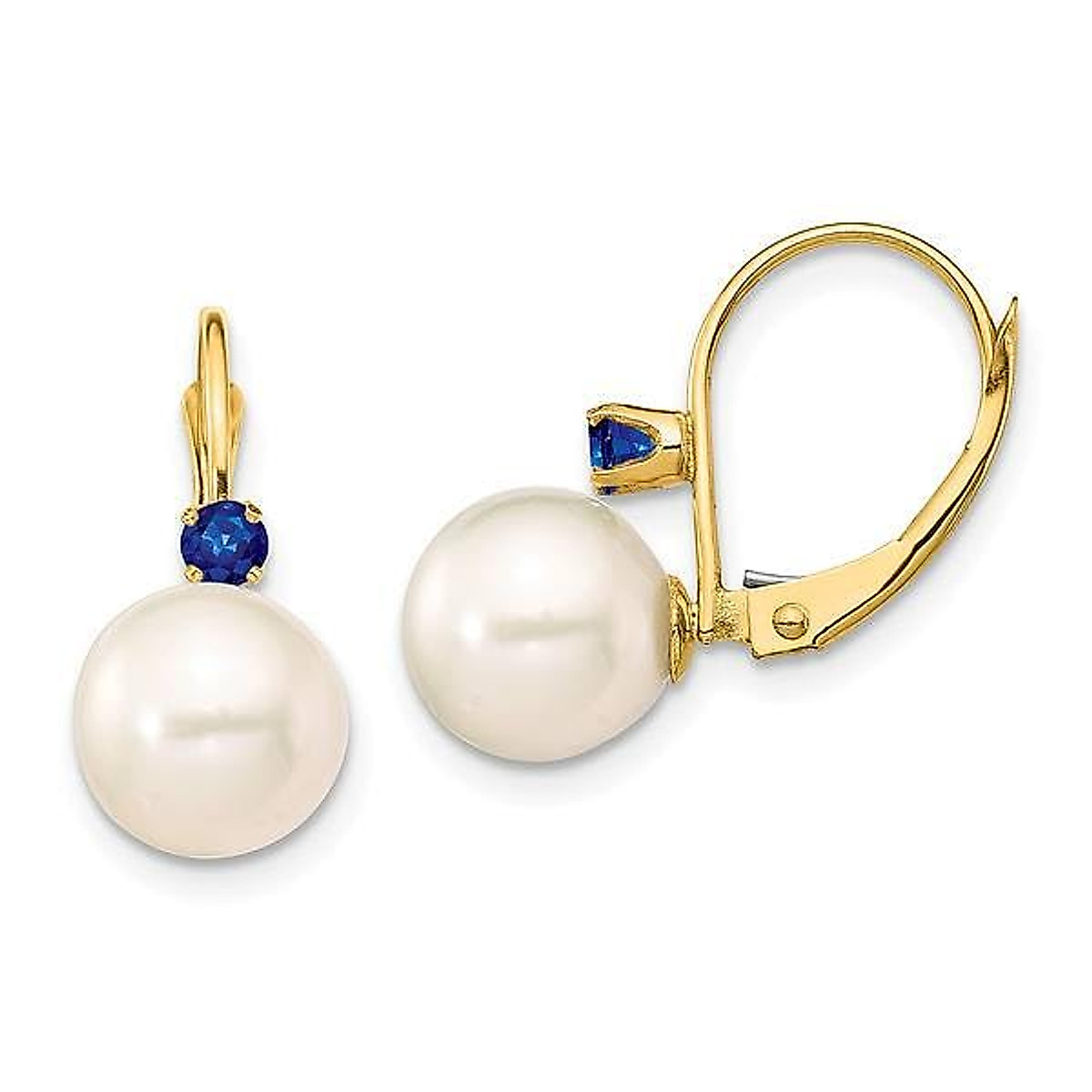 14K Yellow Gold 8mm White Round Freshwater Cultured Pearl Blue Sapphire Drop Dangle Earrings Gemstone September Birthstone Jewelry