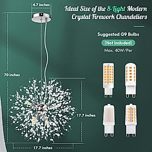 VerRon Modern Crystal Chandeliers Firework, Semi Flush Mount Ceiling Light Fixture, 8-Light Chrome Dandelion Chandelier, Pendant Light for Hallway, G9 Socket