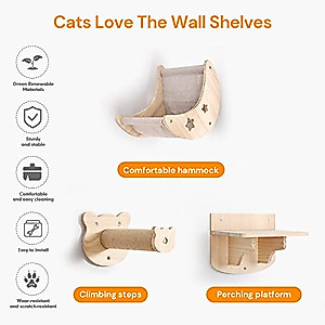 VENIBOBO Cat Hammock Wall Mounted Cat Shelves with Perches and Two Scratching Posts for Climbing Playing and Sleeping, Modern Indoor Wooden Cat Wall Furniture for Large Cats or Kitty 4pcs/Set
