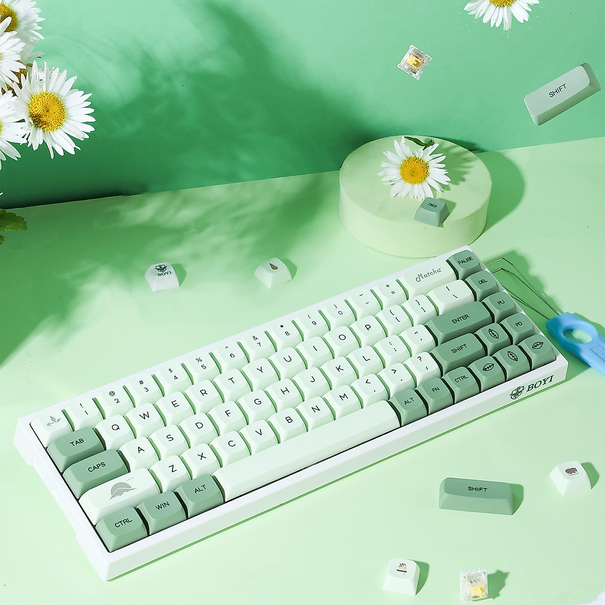 BOYI WK68 Hot Swappable RGB Mechanical Keyboard,Wireless Bluetooth 5.0/2.4G/Wired Type-C Tri-Mode PBT Sublimation Keycaps 65% Gaming Keyboard(Gateron Yellow Switch,Matcha XDA Keycaps)
