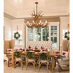 Hubrin Rustic Antler Chandelier 9-Light, Farmhouse Deer Antler Chandelier Lighting, Retro Antler Light Fixtures, Brown E12 for Home Store (9 lamp arms + 6arms)