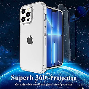 EWUONU iPhone 13 Pro Max Case, Crystal Clear [Anti-Yellowing] Case for iPhone 13 Pro Max 6.7 inch, with 2 Pack Tempered Glass Screen Protector, Slim Thin, Scratch Resistant, Full Body Protection