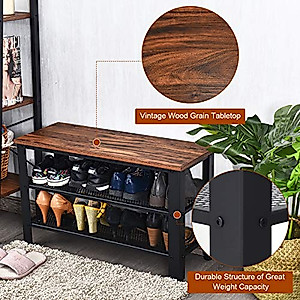 Giantex 3-Tier Shoe Rack Bench, Industrial Shoe Bench with 2 Mesh Shoe Storage Shelves & Seat, Rustic Shoe Rack, Shoe Rack Bench for Entryway, Front Door, Garage Shoe Storage (Rustic Brown)