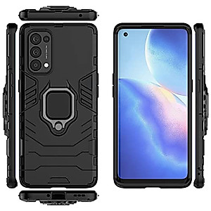 Compatible with Oppo Reno 5 Pro 5G Case, Metal Ring Grip Kickstand Shockproof Hard Bumper (Works with Magnetic Car Mount) Dual Layer Rugged Cover (Black)