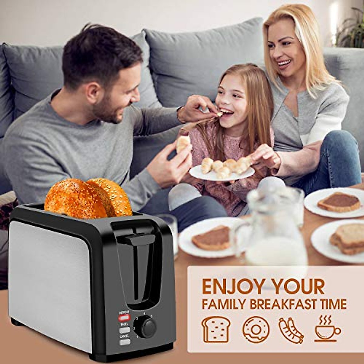 Toaster 2 Slice Stainless Steel Toaster Two Slice Toaster with Removable Crumb Tray Toaster Wide Slot Toasters 2 Slice Best Rated Prime with 7 Bread Shade Settings and Bagel, Defrost, Cancel Function for Bread (Black-2P)