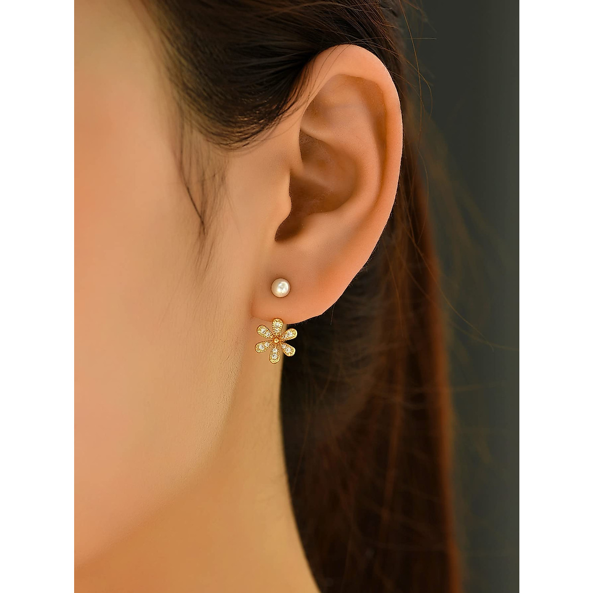 12 Pair Cubic Zirconia Moon and Star Jacket Cuff Earrings for Women, Gold Plated Front Back 2 in 1 with CZ Pearl, Flower Earring Studs