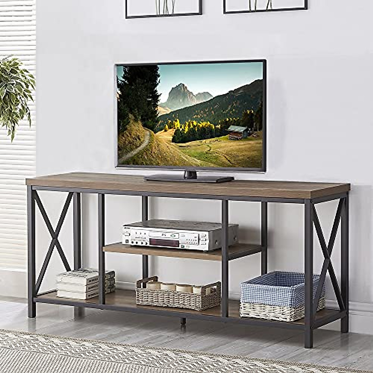FOLUBAN TV Stand for TV up to 65 inch, Rustic Wood and Metal Entertainment Center with Storage Shelves, Modern Industrial Media TV Console Table for Living Room, Oak 55 inch