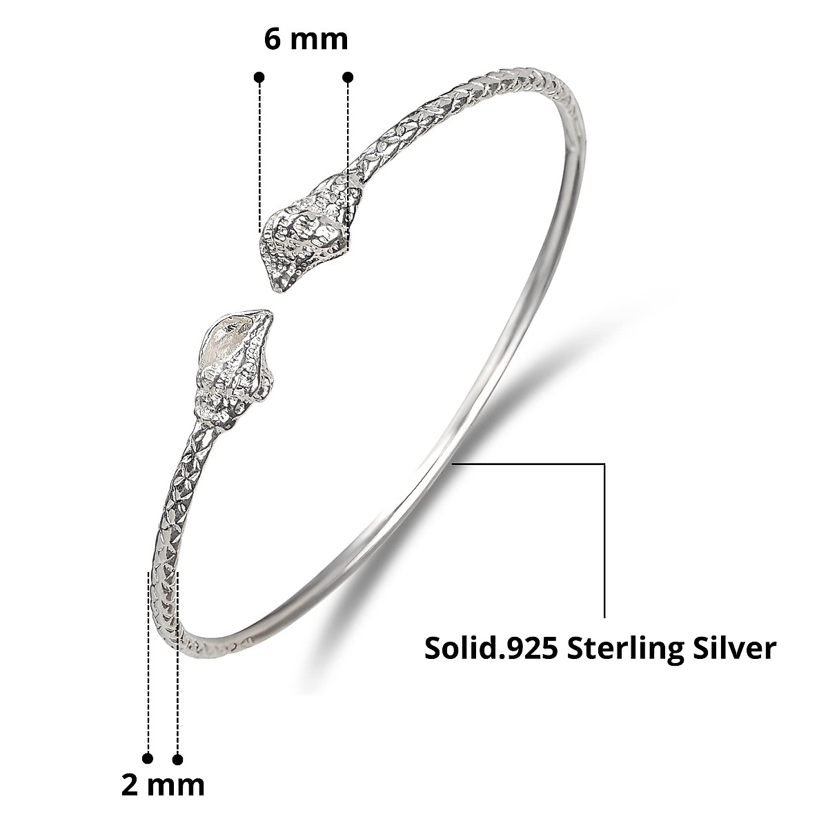 Solid .925 Sterling Silver Bangle Cuff Bracelet Large For Women Gold Plated Jewelry Stretch Bracelets Friendship Gift Birthday Gifts West Indian Bangle Sea Shell Ends - 1 piece (Silver, 7)