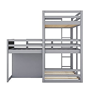 Eafurn L-Shaped Bunk Beds for 3,Twin Size Triple Bunk Beds with Storage Cabinet and Blackboard,Solid Wood Floor Bunk Bed for Kids Teens Adults