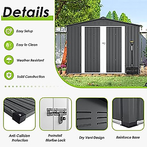 Incbruce 8x6 Ft Outdoor Storage Shed Double Sloping Roof Garden Shed, Galvanized Metal Storage Shed with Sliding Door, Metal Shed Kit with Double Doorknobs and Air Vents (Grey)