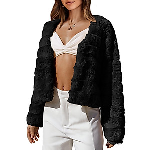 BTFBM Women's Faux Fur Coat Open Front Warm Winter Long Sleeve Outwear Shaggy Jackets Parka Short Cardigan Jacket(Solid Black, Large)