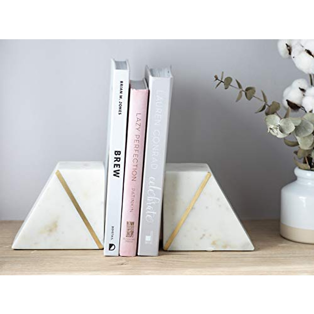 Cork & Mill Marble Bookends - Set of 2 Heavy Decorative Book Stoppers with Non-Skid Bottom - Handcrafted Solid Marble Bookshelf Decor (White + Brass)